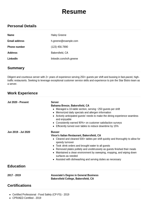 Server Resume Example | Jobseeker