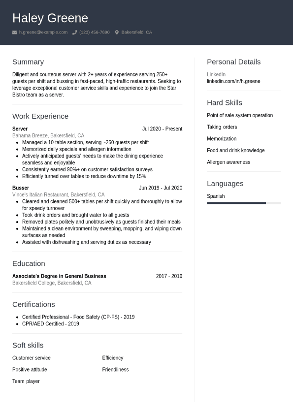 Server Resume Example | Jobseeker