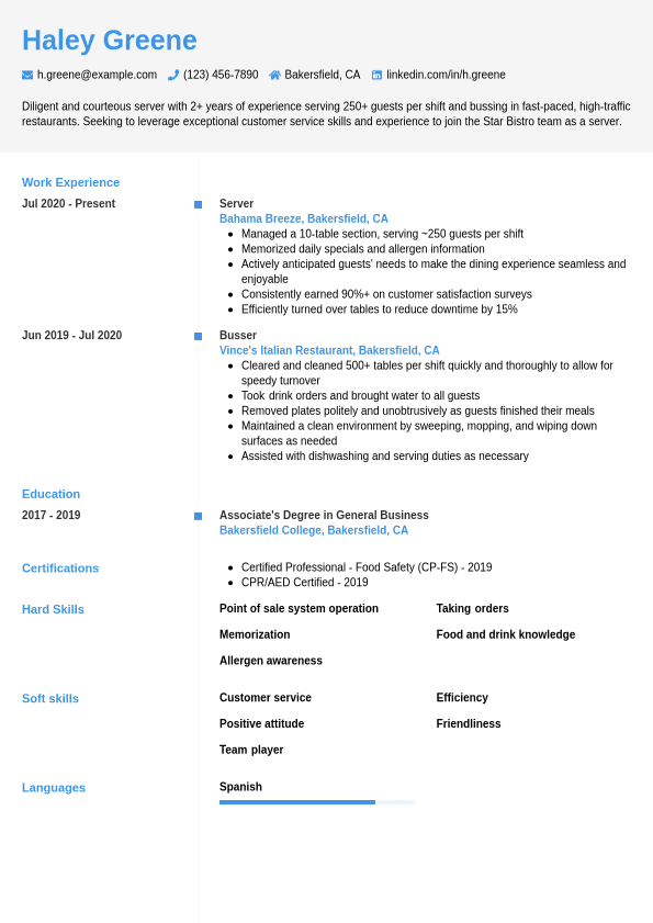 Server Resume Example | Jobseeker