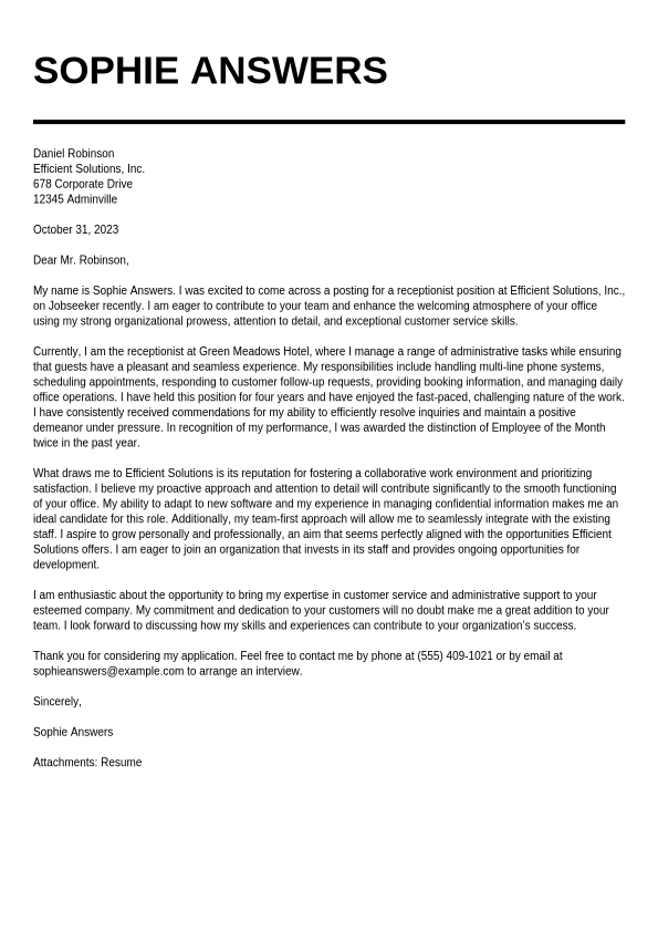 Receptionist Cover Letter Example | Jobseeker