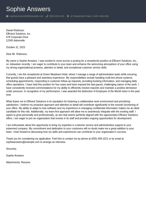 Receptionist Cover Letter Example | Jobseeker