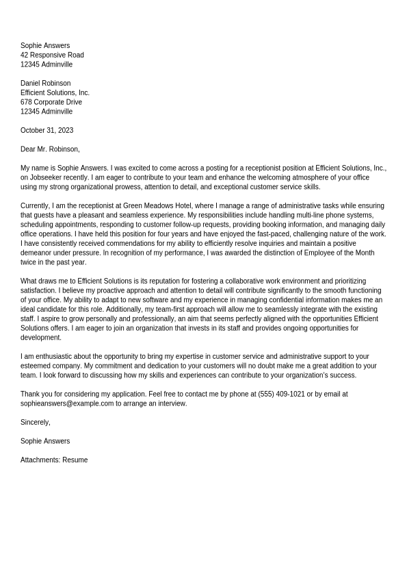 Receptionist Cover Letter Example | Jobseeker