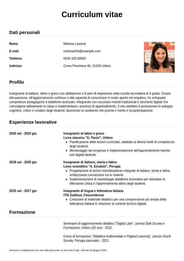 Esempio di CV per Insegnante | Jobseeker