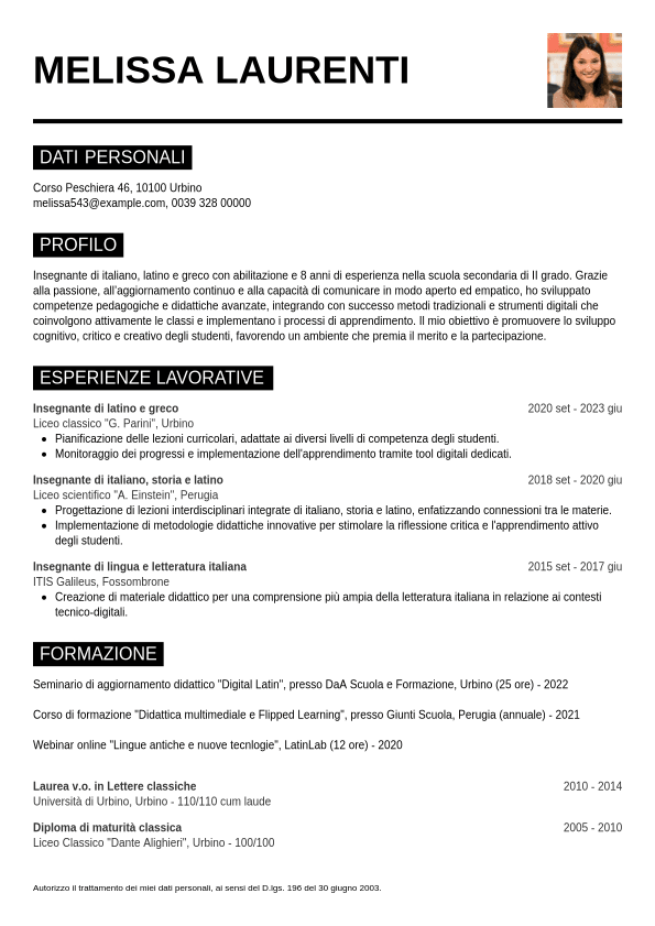 Esempio di CV per Insegnante | Jobseeker