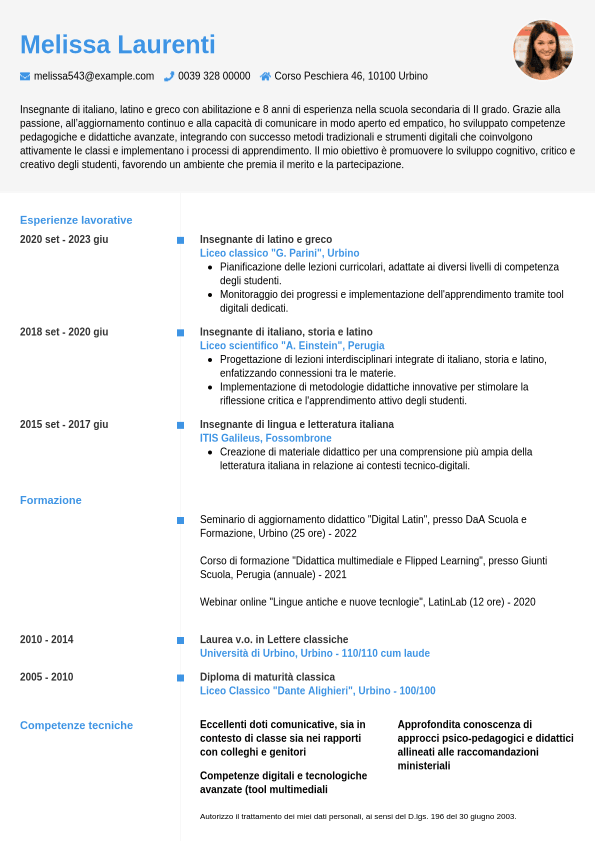 Esempio di CV per Insegnante | Jobseeker