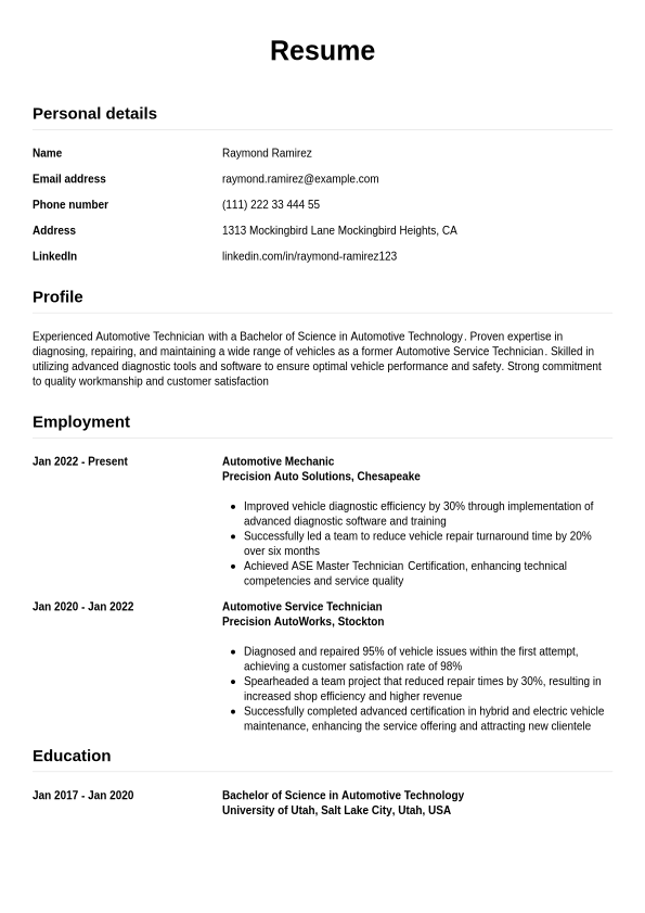 Automotive Technician Resume Writing Guide & Tips | Jobseeker