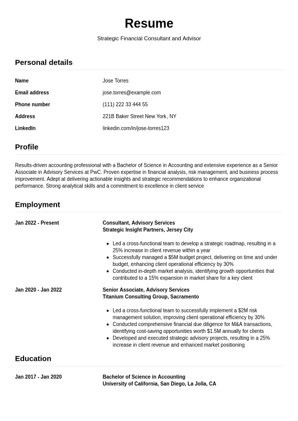 PwC Resume Example | Jobseeker