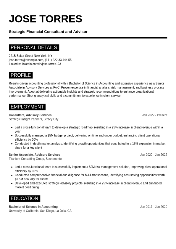 PwC Resume Example | Jobseeker