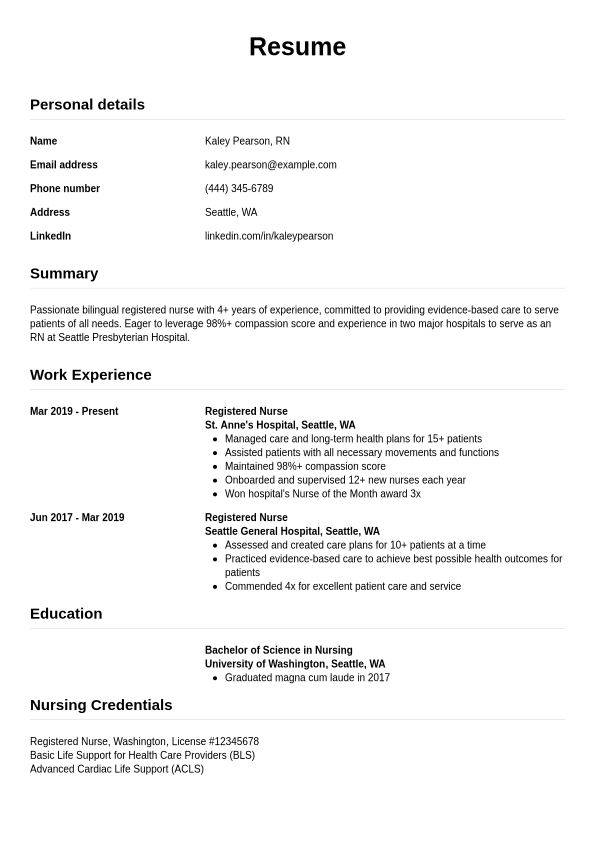 Nursing Resume Example | Jobseeker