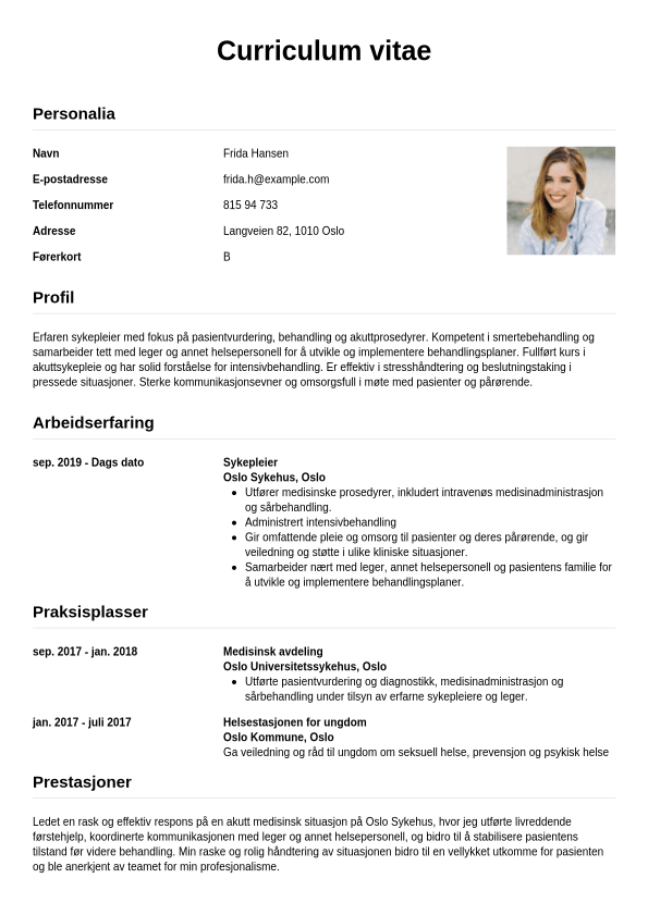 CV eksempel sykepleier | Jobseeker