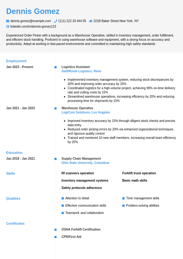 Order Picker Resume Example | Jobseeker