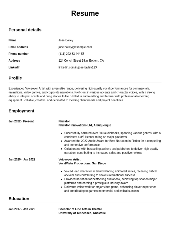 Voice Actor Resume Example | Jobseeker