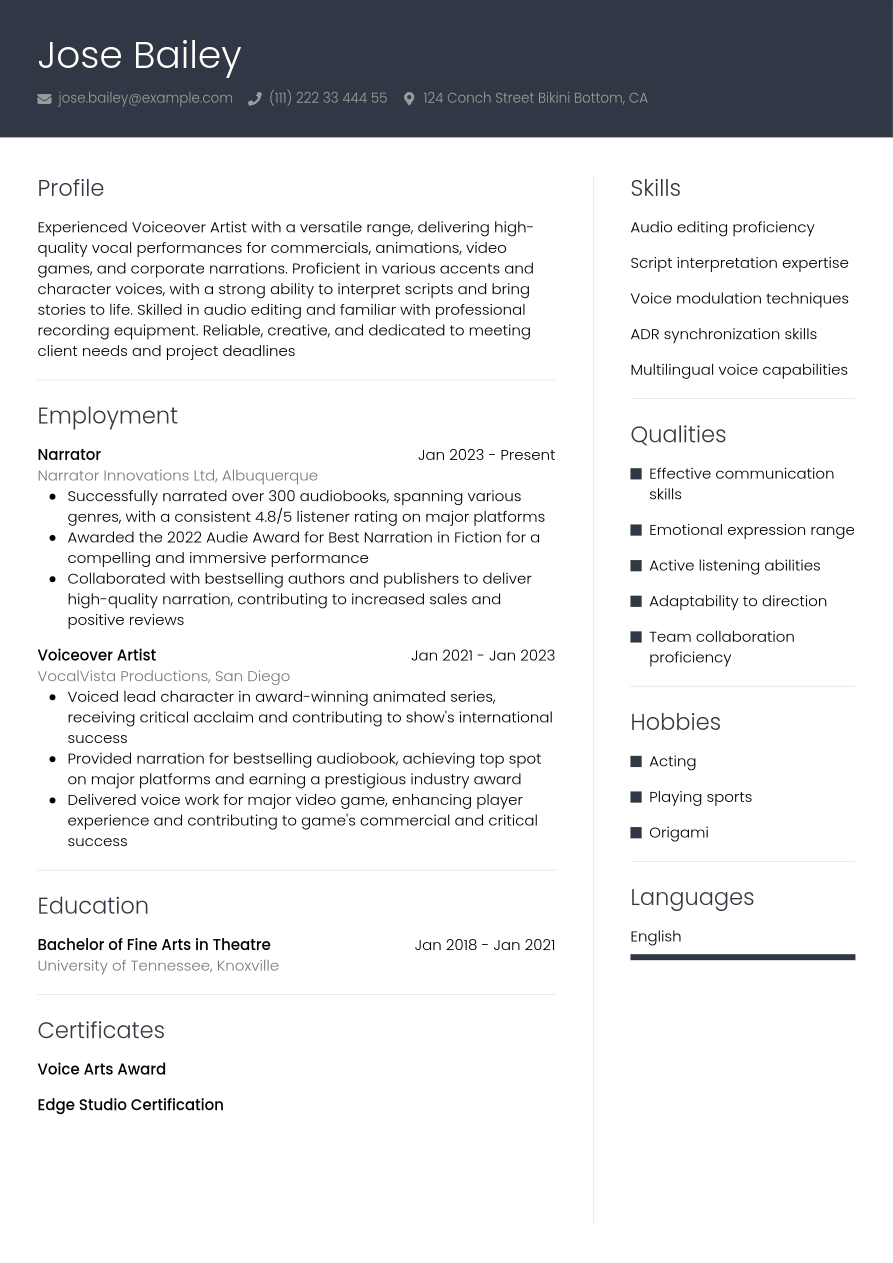 Voice Actor Resume Example | Jobseeker