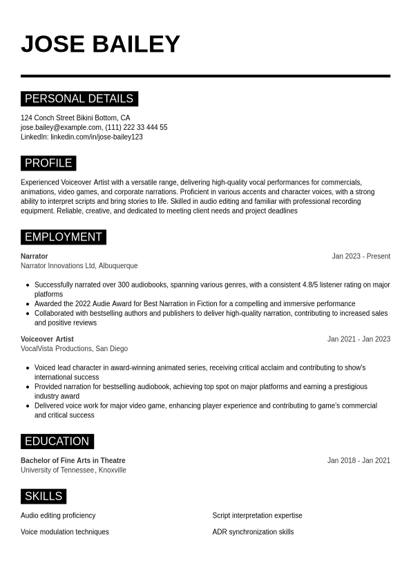 Voice Actor Resume Example | Jobseeker
