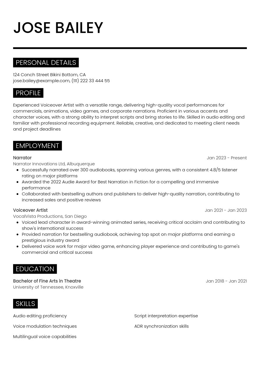 Voice Actor Resume Example | Jobseeker