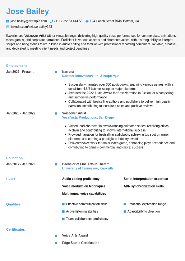 Voice Actor Resume Example | Jobseeker