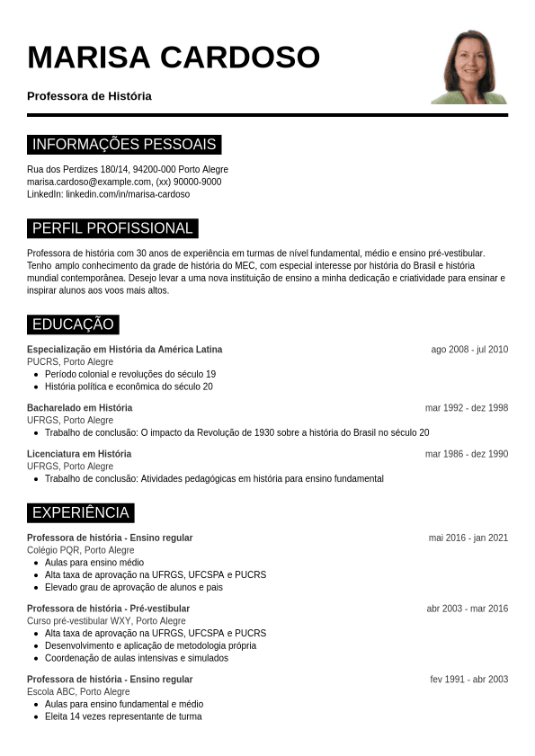 Exemplo de currículo de professor | Jobseeker