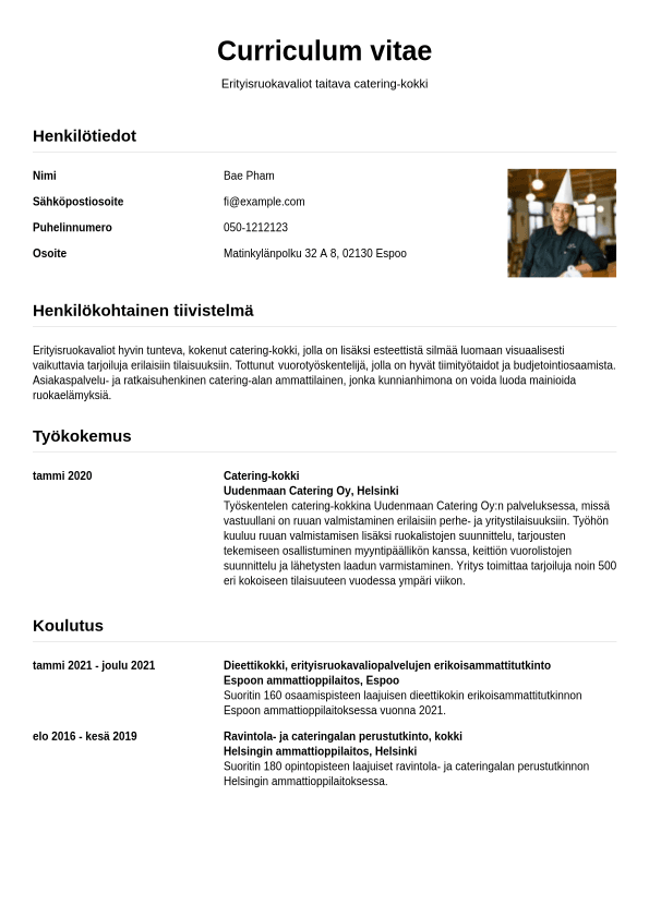 Kokki CV esimerkki ja parhaat vinkit | Jobseeker
