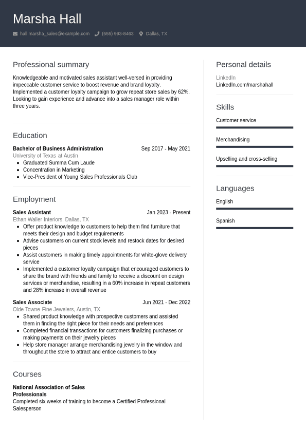 Sales assistant resume example | Jobseeker