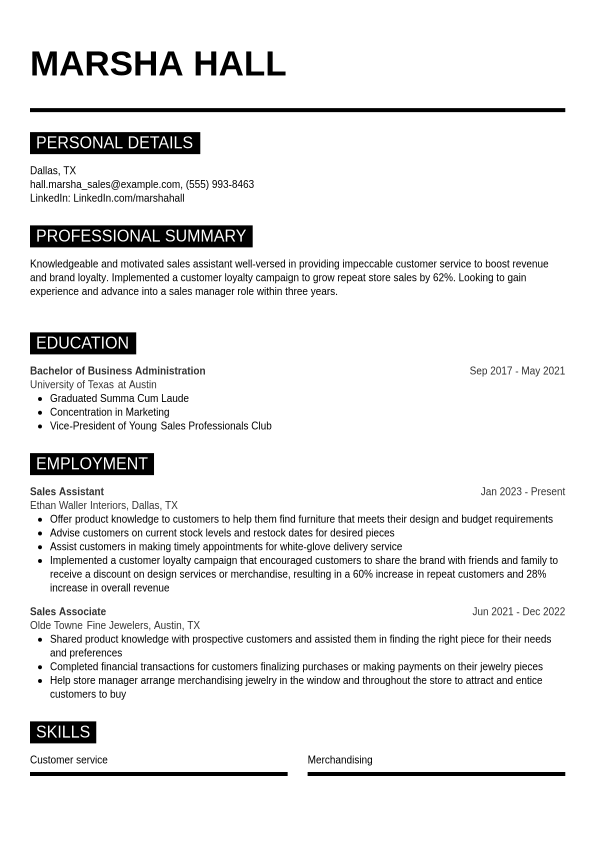 Sales assistant resume example | Jobseeker