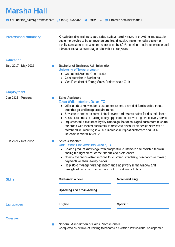 Sales assistant resume example | Jobseeker
