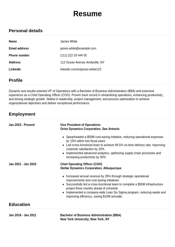 VP Operations Resume Example | Jobseeker