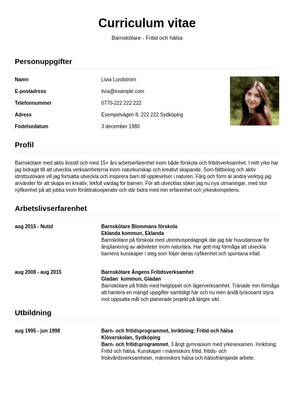 CV exempel barnskötare | Jobseeker