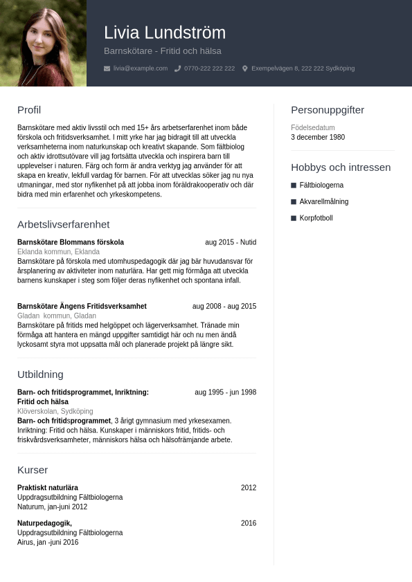 CV exempel barnskötare | Jobseeker