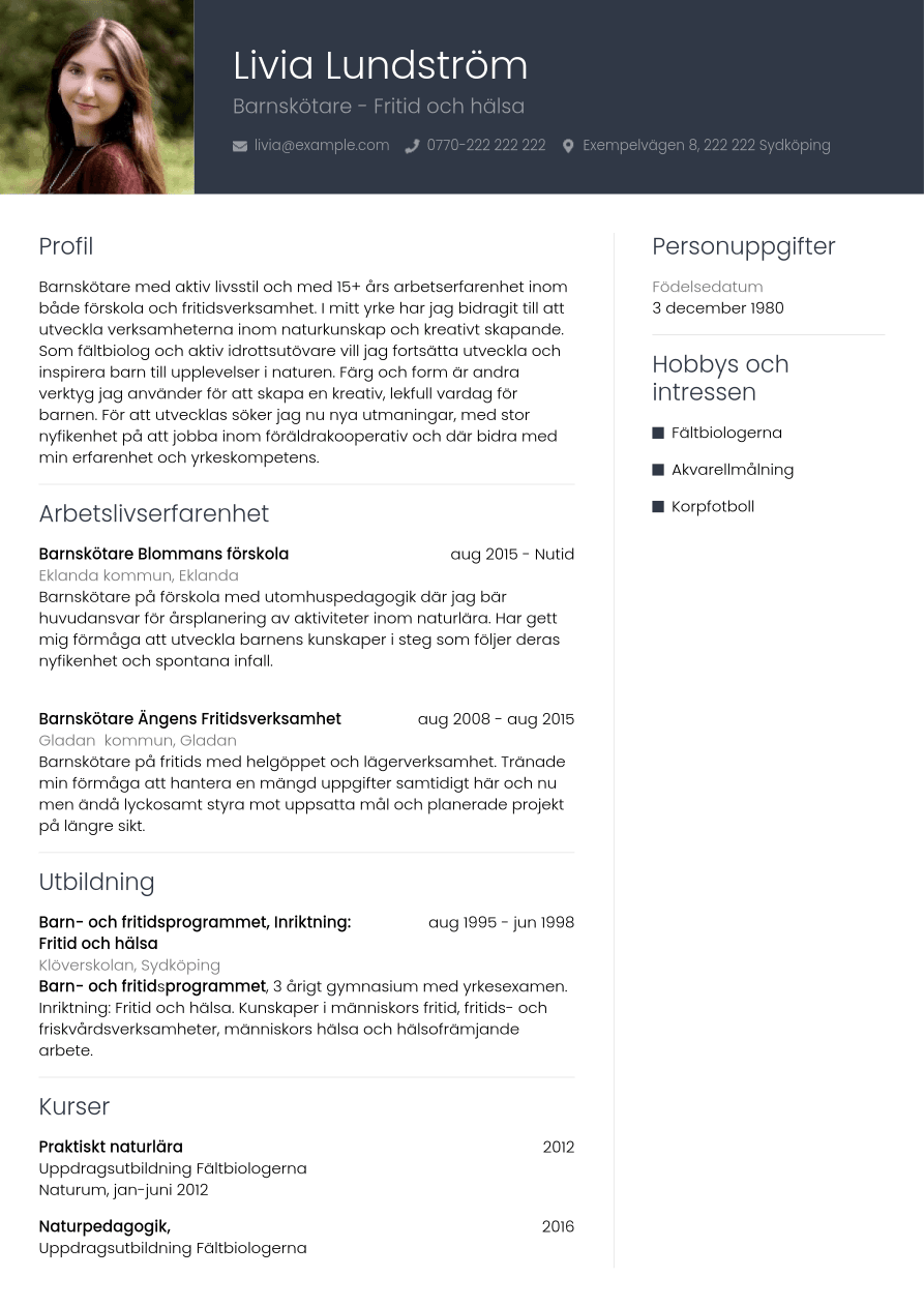 CV exempel barnskötare | Jobseeker