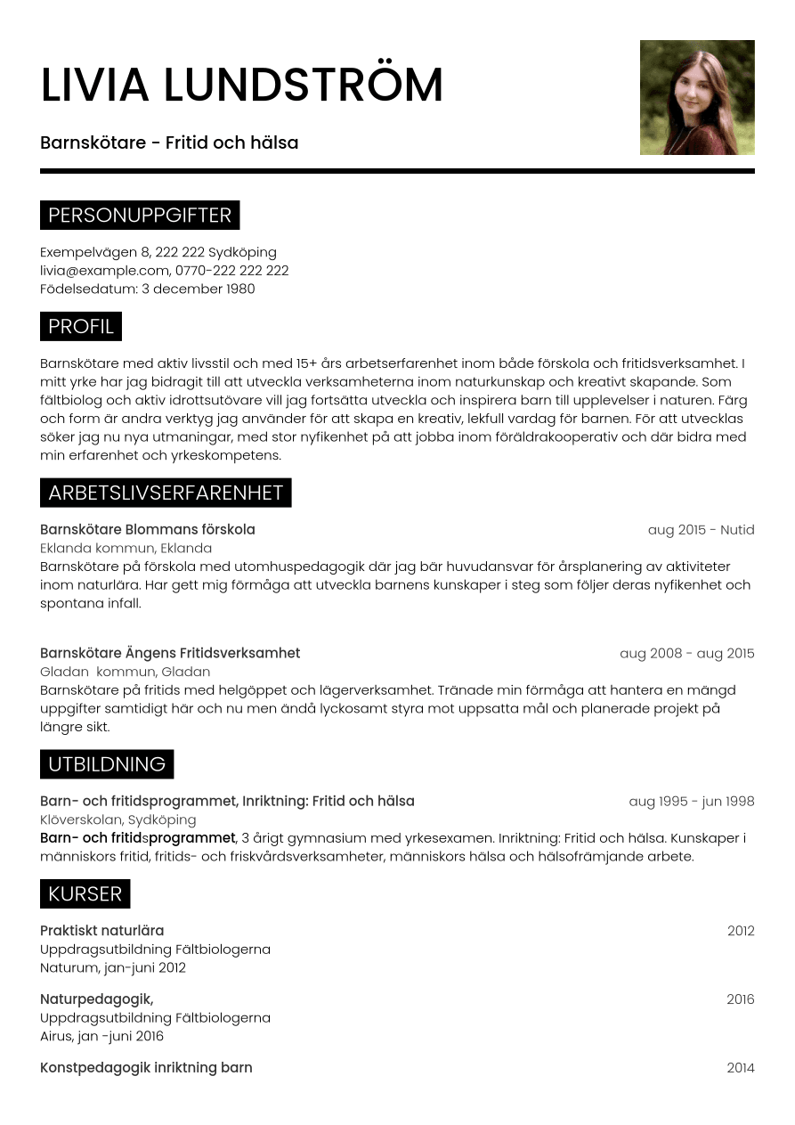 CV exempel barnskötare | Jobseeker