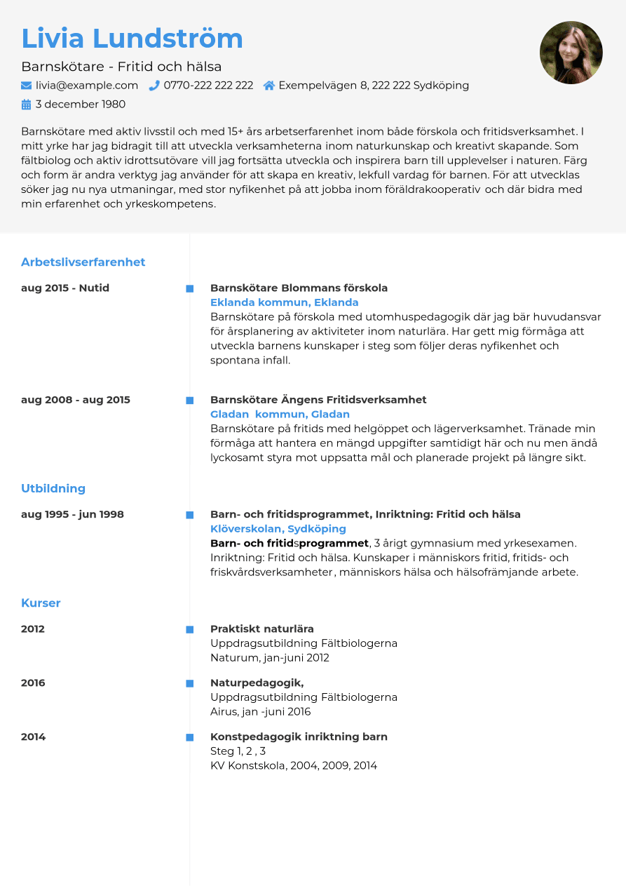CV exempel barnskötare | Jobseeker