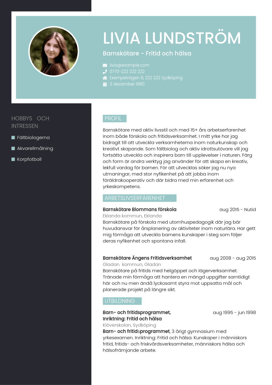 CV exempel barnskötare | Jobseeker