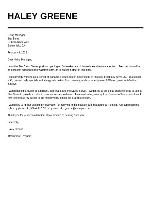 Server Cover Letter Example | Jobseeker