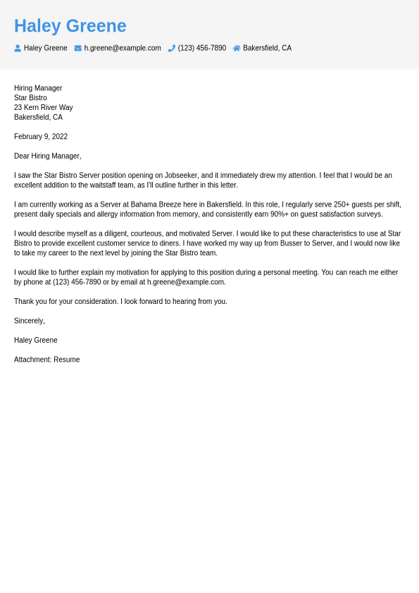 Server Cover Letter Example | Jobseeker