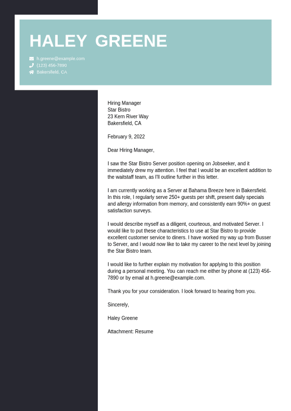 Server Cover Letter Example | Jobseeker