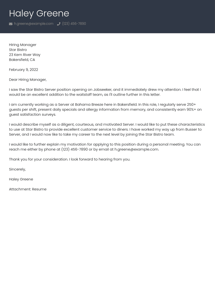 Server Cover Letter Example | Jobseeker