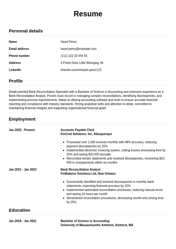 Bank Reconciliation Resume Writing Guide & Tips | Jobseeker