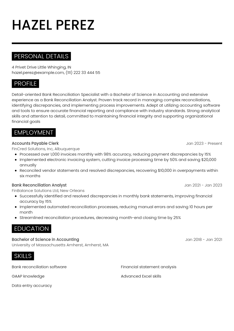 Bank Reconciliation Resume Writing Guide & Tips | Jobseeker