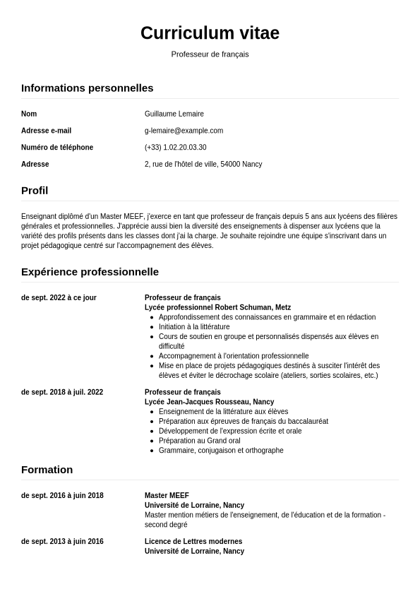 Exemple de CV pour enseignant / enseignante | Jobseeker