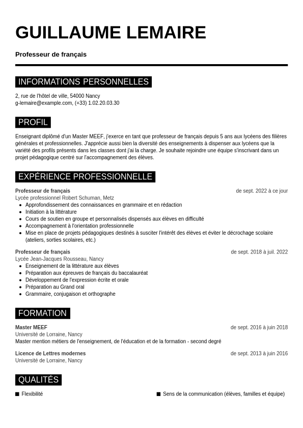 Exemple de CV pour enseignant / enseignante | Jobseeker