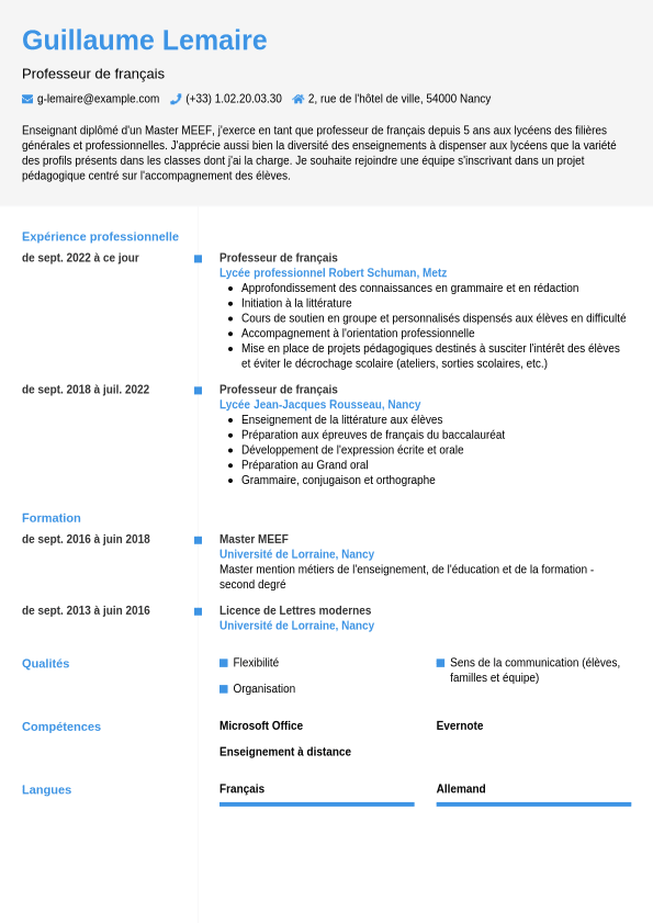 Exemple de CV pour enseignant / enseignante | Jobseeker