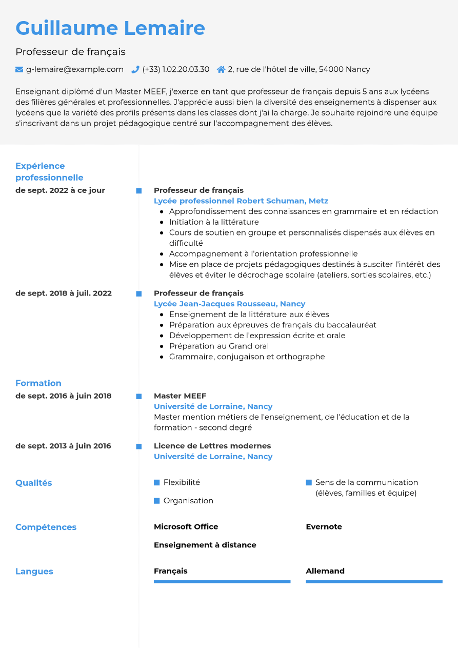 Exemple de CV pour enseignant / enseignante | Jobseeker