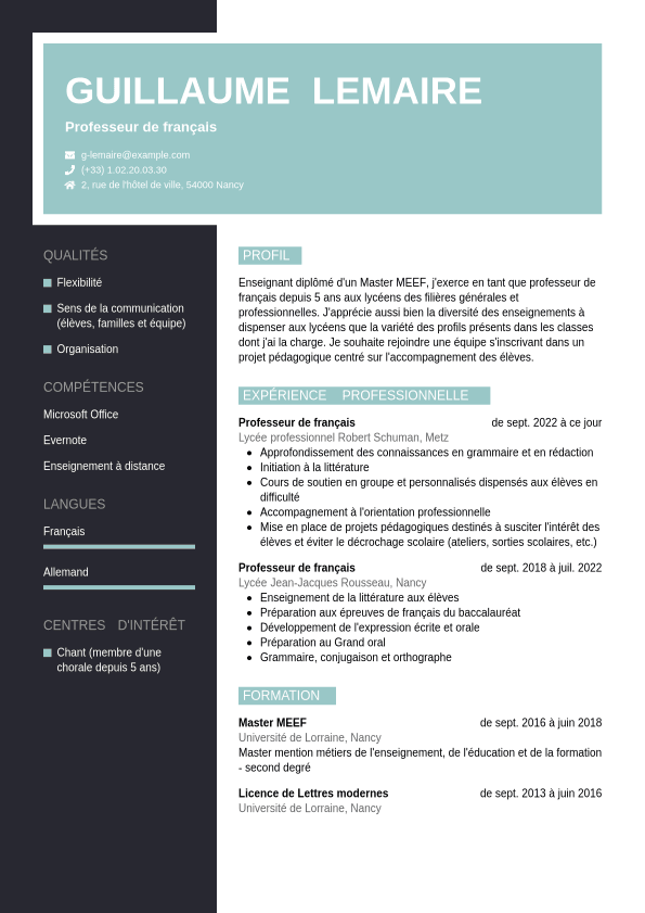 Exemple de CV pour enseignant / enseignante | Jobseeker