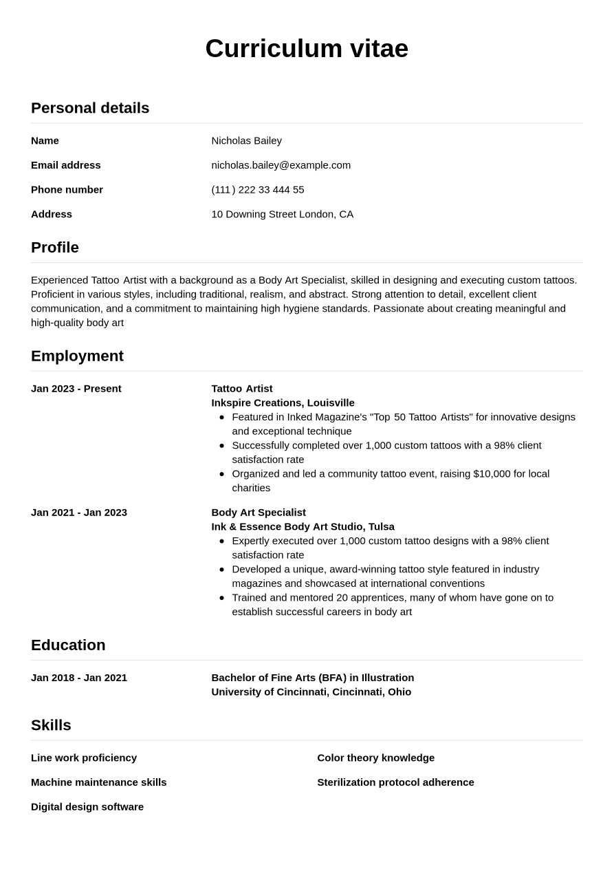 Tattoo Artist Resume Example | Jobseeker