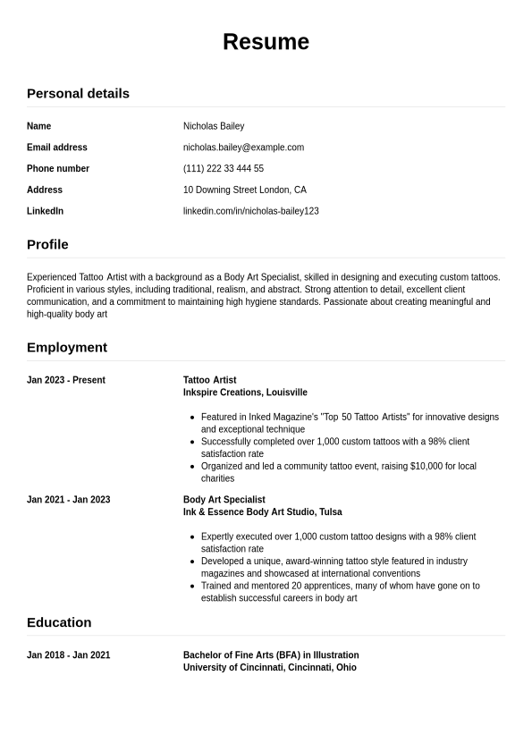Tattoo Artist Resume Example | Jobseeker