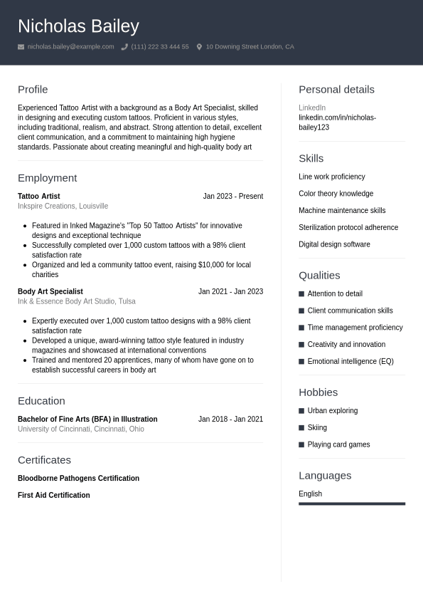Tattoo Artist Resume Example | Jobseeker