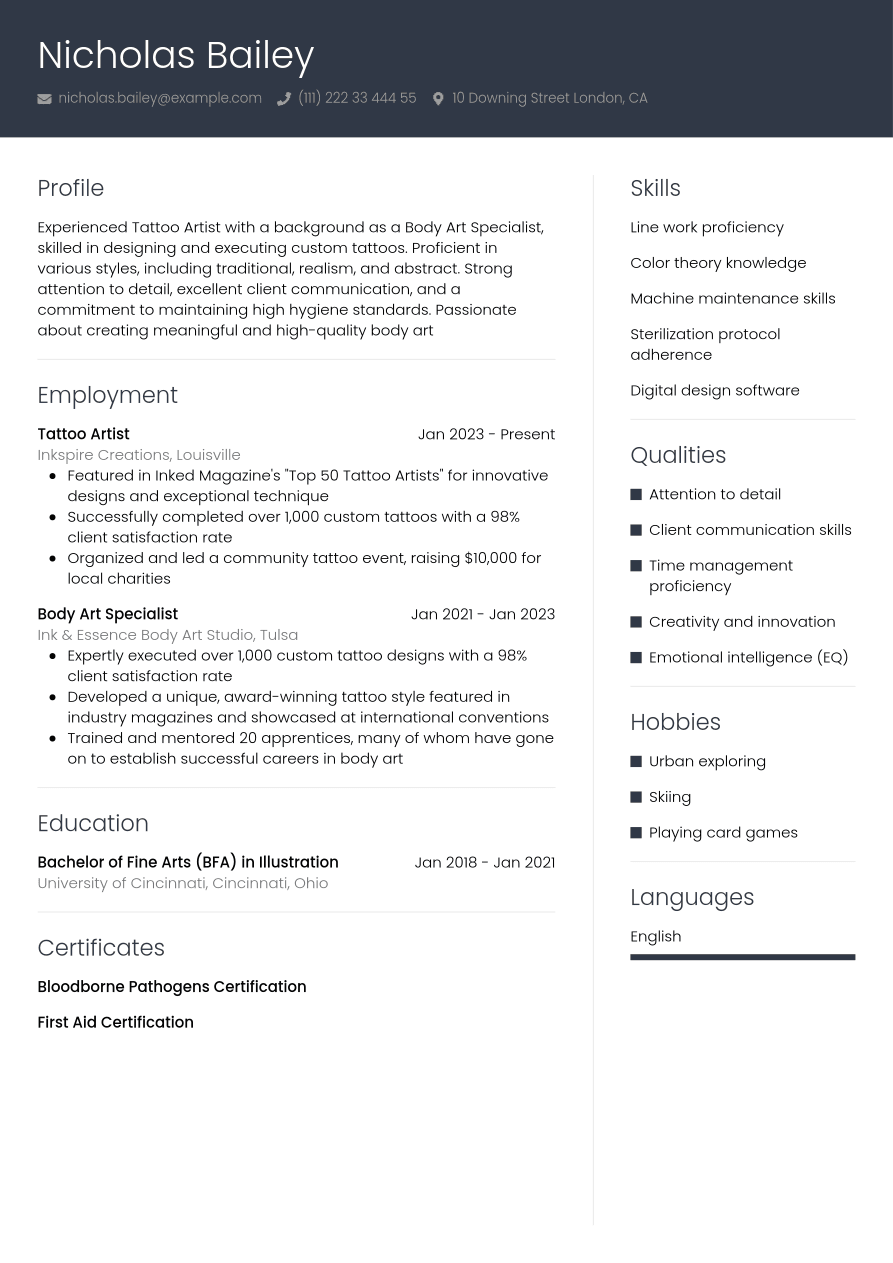 Tattoo Artist Resume Example | Jobseeker