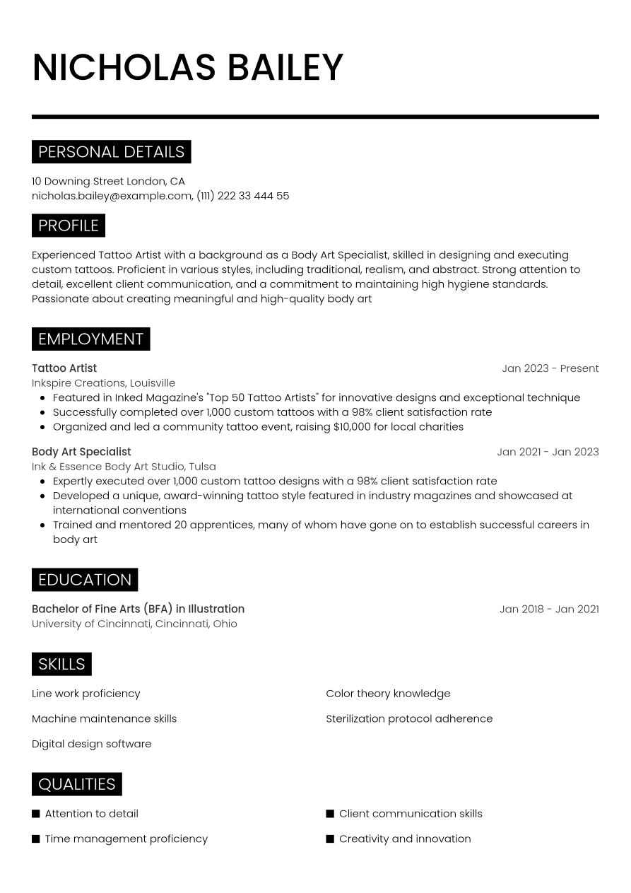 Tattoo Artist Resume Example | Jobseeker