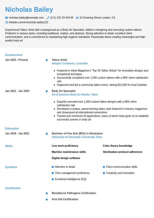 Tattoo Artist Resume Example | Jobseeker