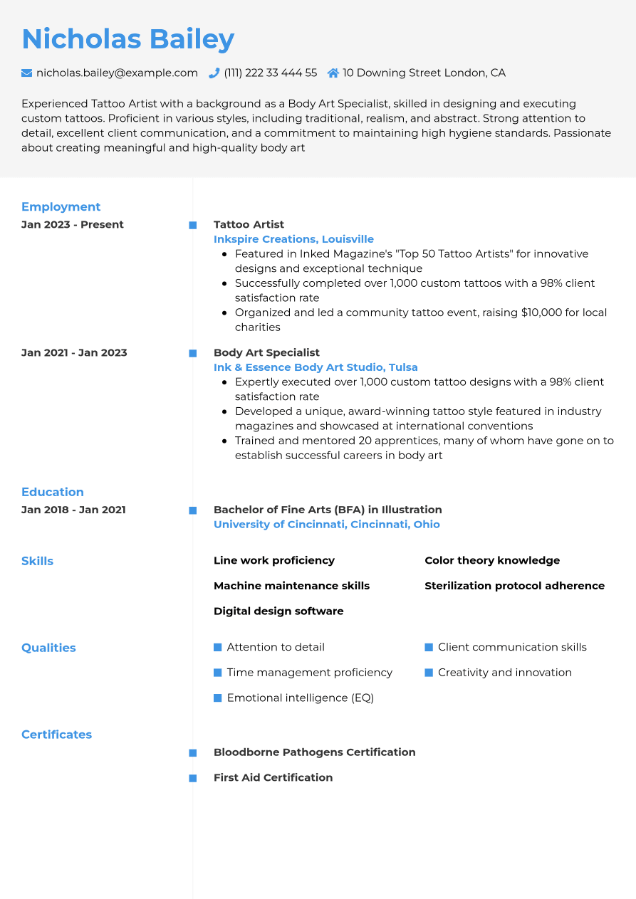 Tattoo Artist Resume Example | Jobseeker